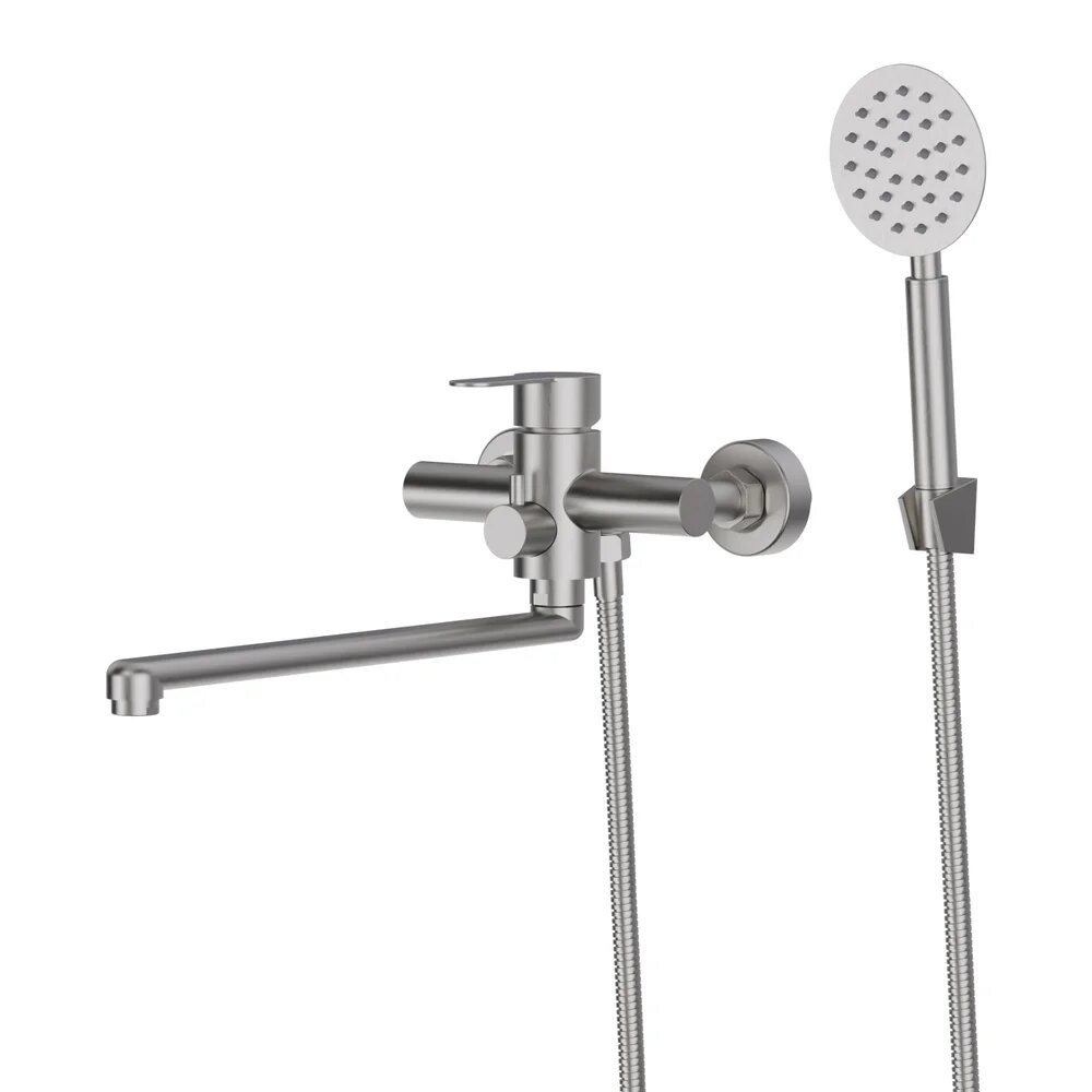 Смеситель для ванны с длинным изливом Agger Zest A0721133 с душевым гарнитуром, поворотный, из нержавеющей стали, матовый, смеситель для ванны с душем, рычажный, с настенным держателем