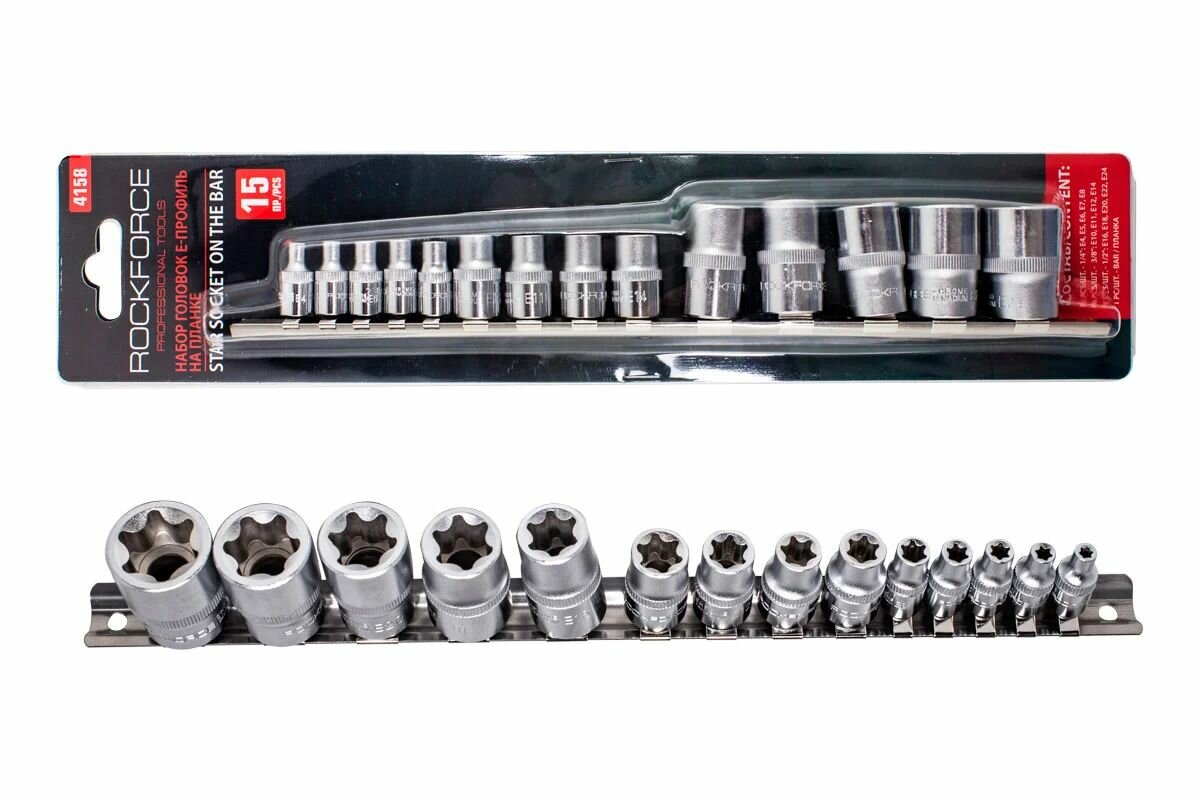 Набор торцевых головок RF-4158: 1/2" 1/4" 3/8"DR звездочка E4-24 14пр ROCKFORCE