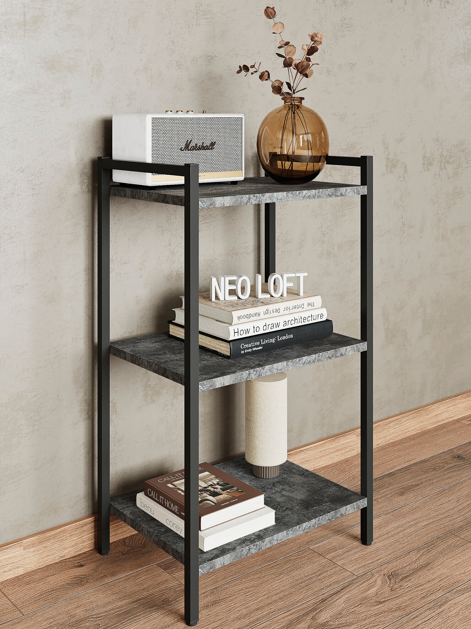 Стеллаж металлический напольный в стиле лофт, этажерка, 49х34х84 см