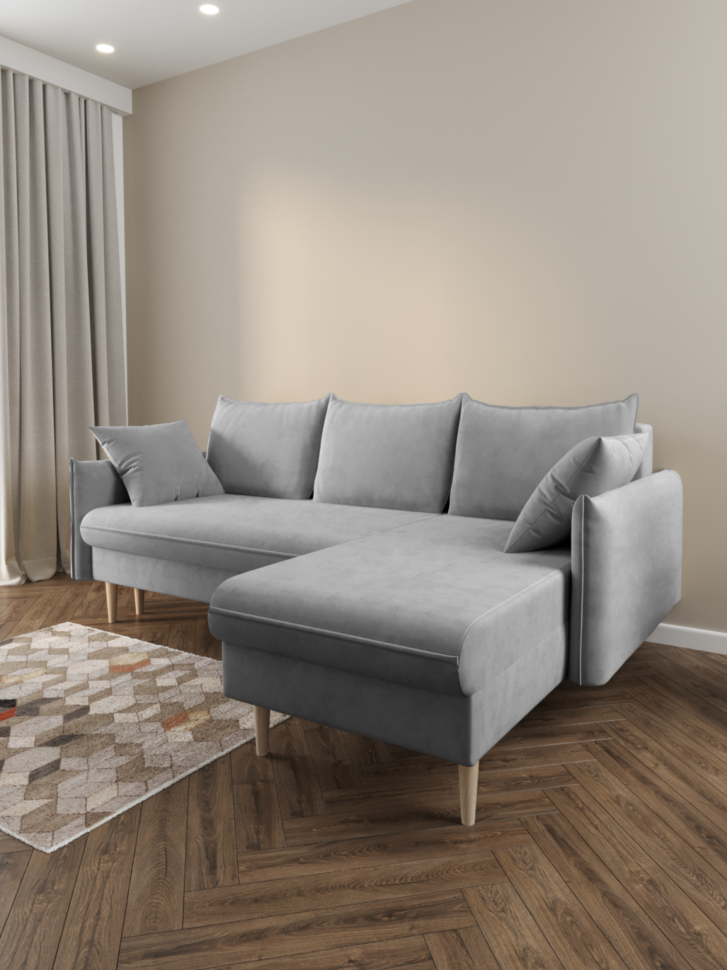 Диван-кровать угловой Фьорд с оттоманкой светло-серый, правый угол, механизм Тик-так, 216х145х95 см