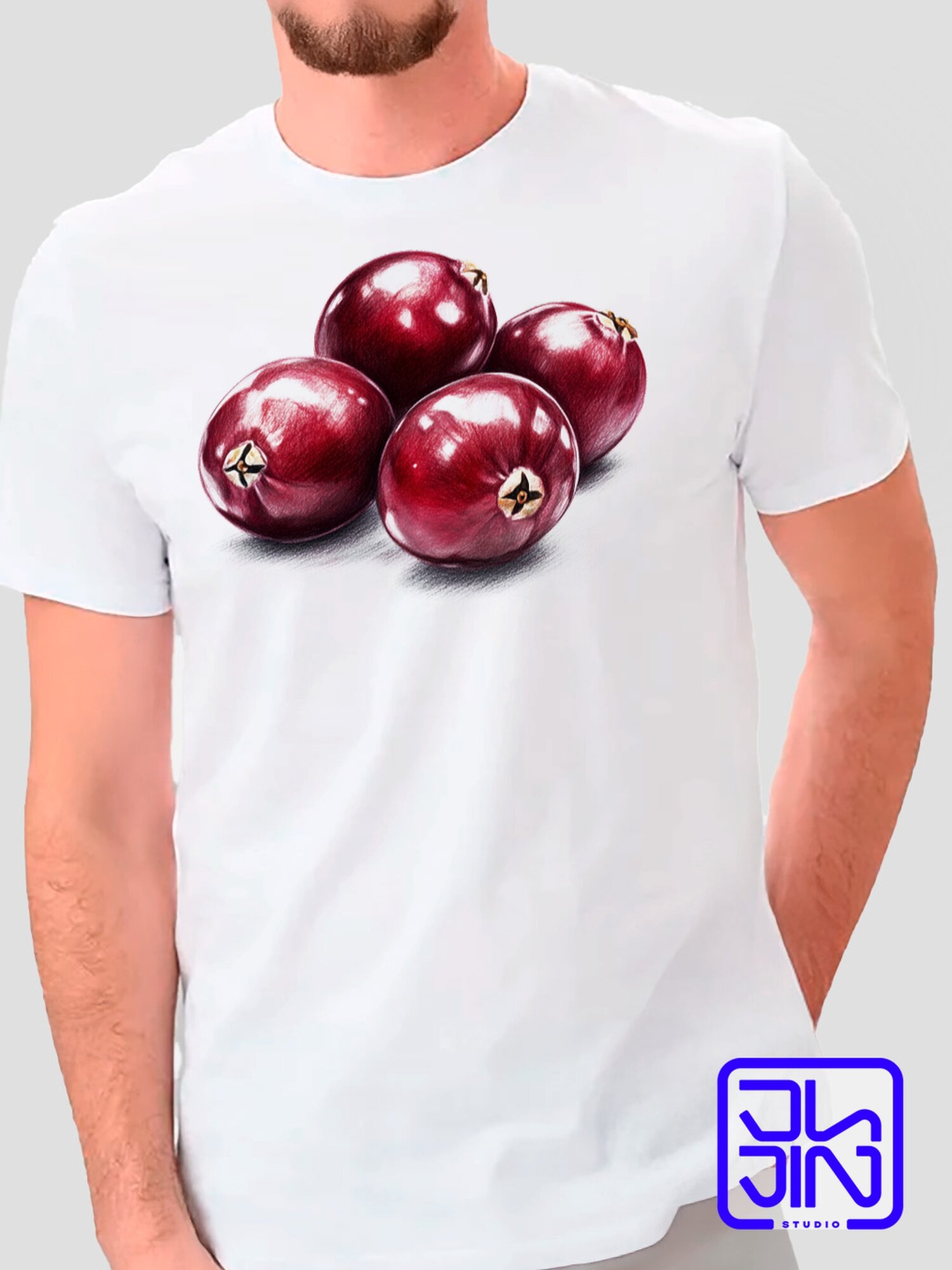 Футболка классическая мужская с авторским принтом Минималистичный бордовый принт с ягодами клюквы в винных, интересных оттенках, белый хлопковый трикотаж с прикольным рисунком на груди