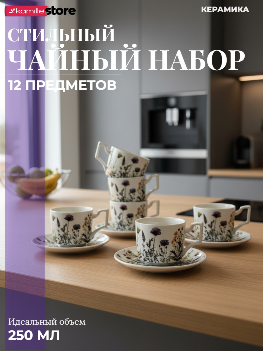 Чайный набор 250 мл. 12 предметов, Полевые цветы, керамика (белый)