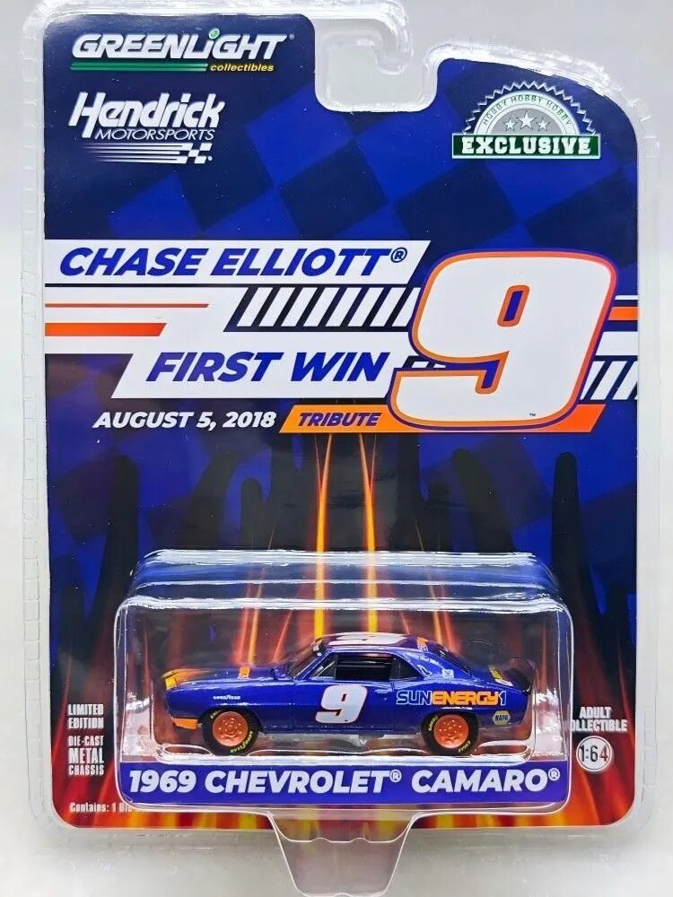 Машинка GreenLight 1/64 1969 Chevrolet Camaro Chase Elliott First win Salute - Watkins Glen, NY Die-cast Alloy Car Model Collection Toy Gift