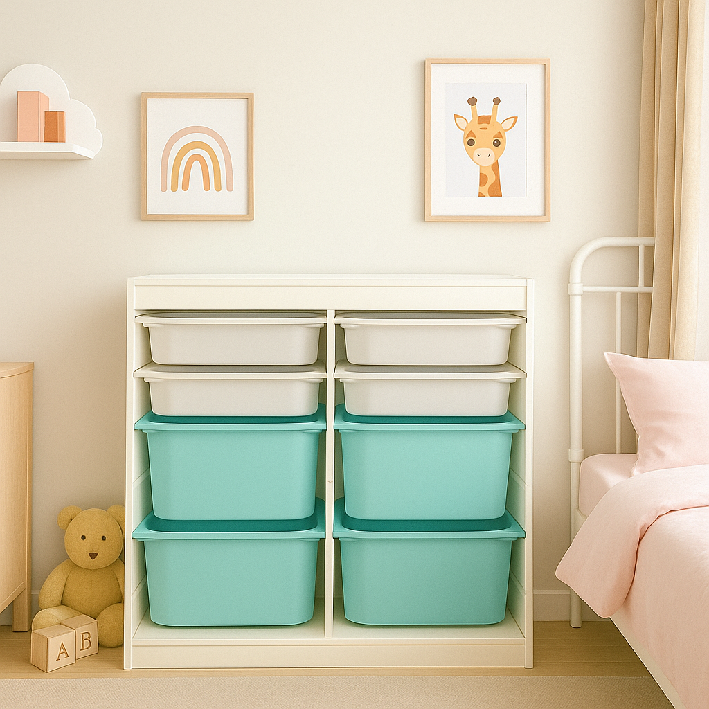 Стеллаж Труфаст белый с контейнерами (4 больших+4 маленьких) двойной TROFAST