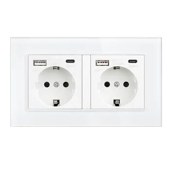 Розетка электрическая двойная с USB и type-C входами, рамка закаленное стекло панели Белый