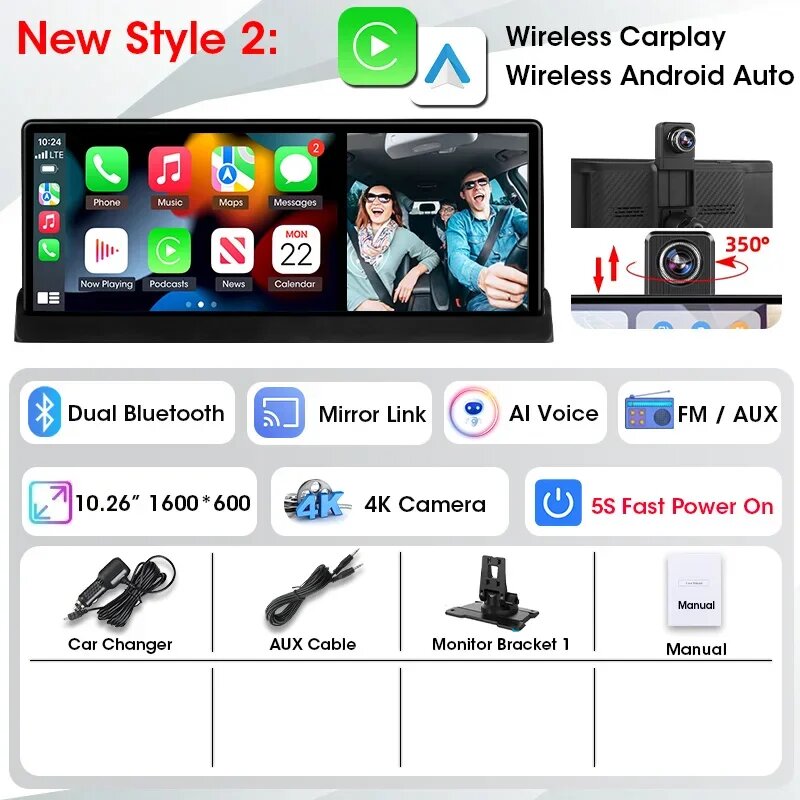 10,26-дюймовый беспроводной CarPlay 4K Android Auto 350 ° Поворотный видеорегистратор, умная приборная панель, видеорегистратор, универсальный экран дисплея, New Style 2, 64 ГБ