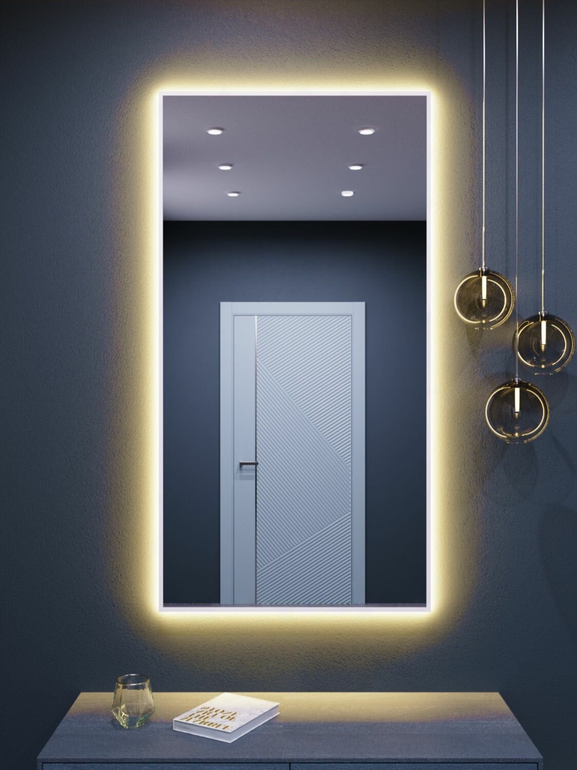 Зеркало в ванную 120х70 см. белое с подсветкой. Свет: Теплый белый 3000К. В алюминиевой раме настенное MOONRISE