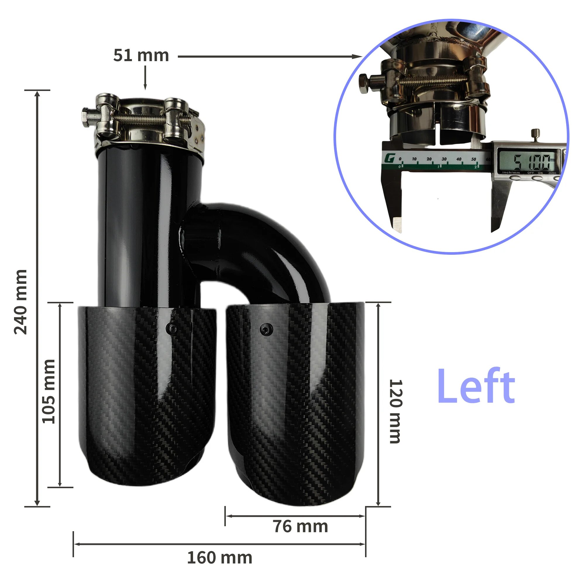 Универсальный автомобильный глушитель из углеродного волокна, длина черного h-образного двойного глянцевого глушителя из саржи, 51mm-76mm-Left