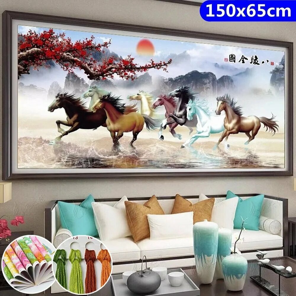 Набор для вышивания крестом, вышивка крестиком Пейзаж бегущей лошади, 11CT 150x65cm, полная зашивка (без подрамника, без рамки)