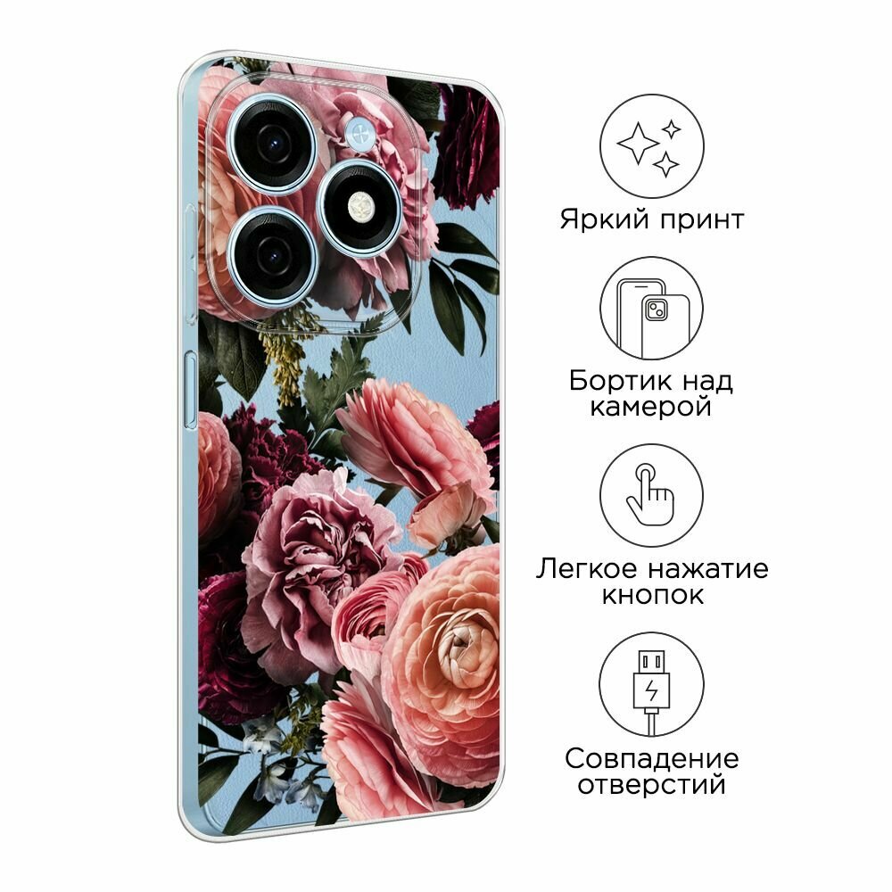 Чехол на Tecno Spark 20 / Текно Спарк 20 с принтом "Бордовые винтажные цветы", прозрачный — фото 1