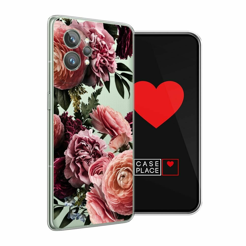 Чехол на Realme GT 2 Pro / Реалми GT 2 Про с принтом "Бордовые винтажные цветы", прозрачный — фото 1