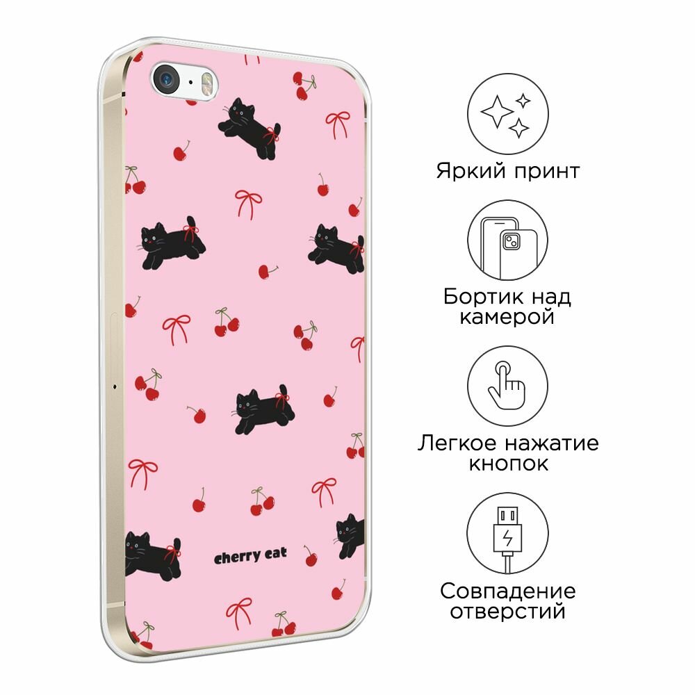 Чехол на Apple iPhone 5/5S/SE / Айфон 5/5S/SE с принтом "Cherry cat" — фото 1