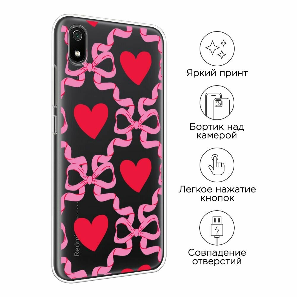 Чехол на Xiaomi Redmi 7A / Сяоми Редми 7А с принтом "Hearts and ribbons 2 - 14 февраля", прозрачный — фото 1