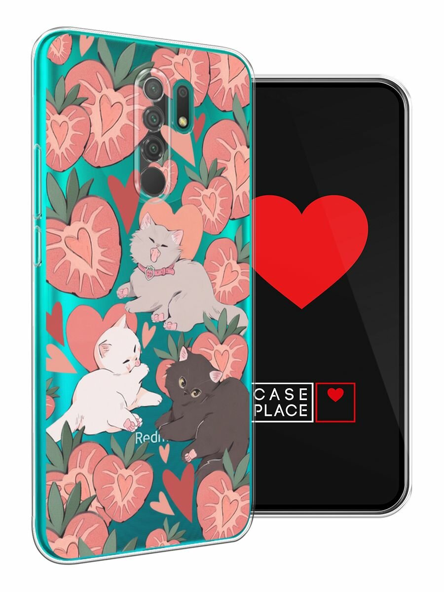 Чехол на Xiaomi Redmi 9 / Сяоми Редми 9 с принтом "Клубничные котики", прозрачный — фото 1