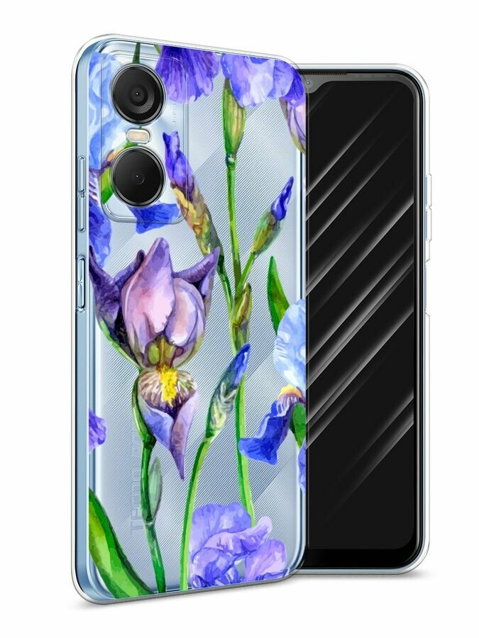 Чехол на Tecno Pop 6 pro / Техно Поп 6 Про с принтом "Синие ирисы", прозрачный