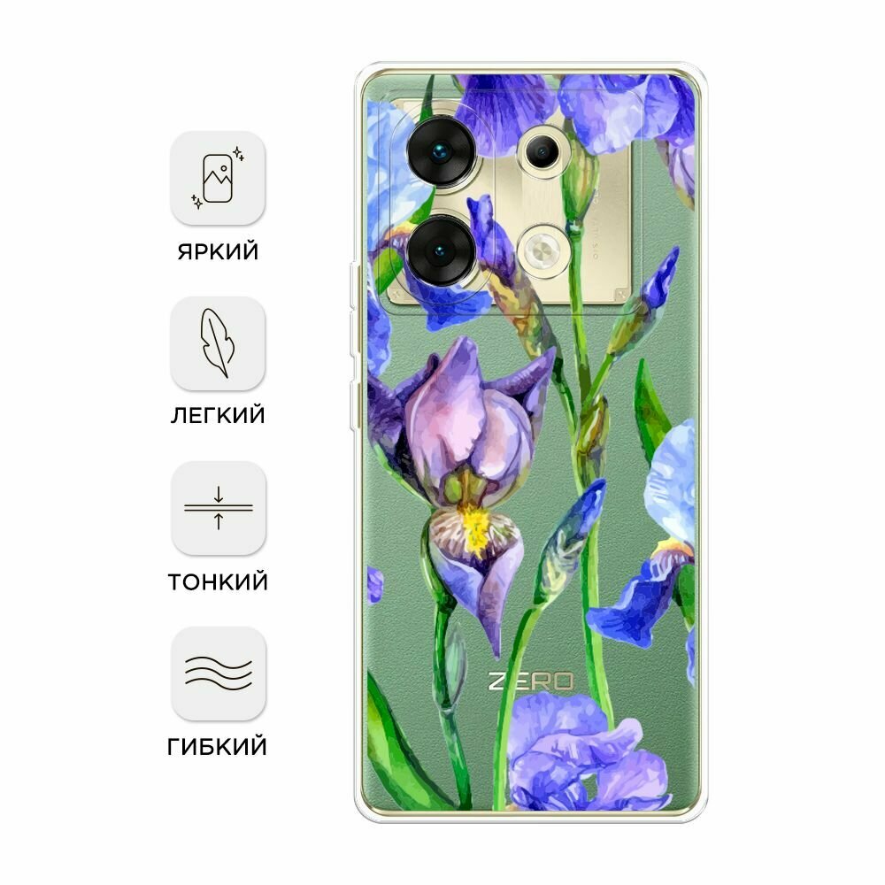 Чехол на Infinix Zero 30 5G / Инфиникс Зеро 30 5G с принтом "Синие ирисы", прозрачный — фото 1
