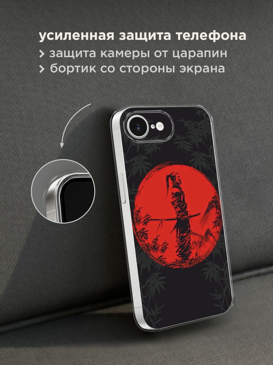 Чехол на Apple iPhone 16e/17e / Айфон 16е/17e с принтом "Самурай на красном фоне" — фото 1