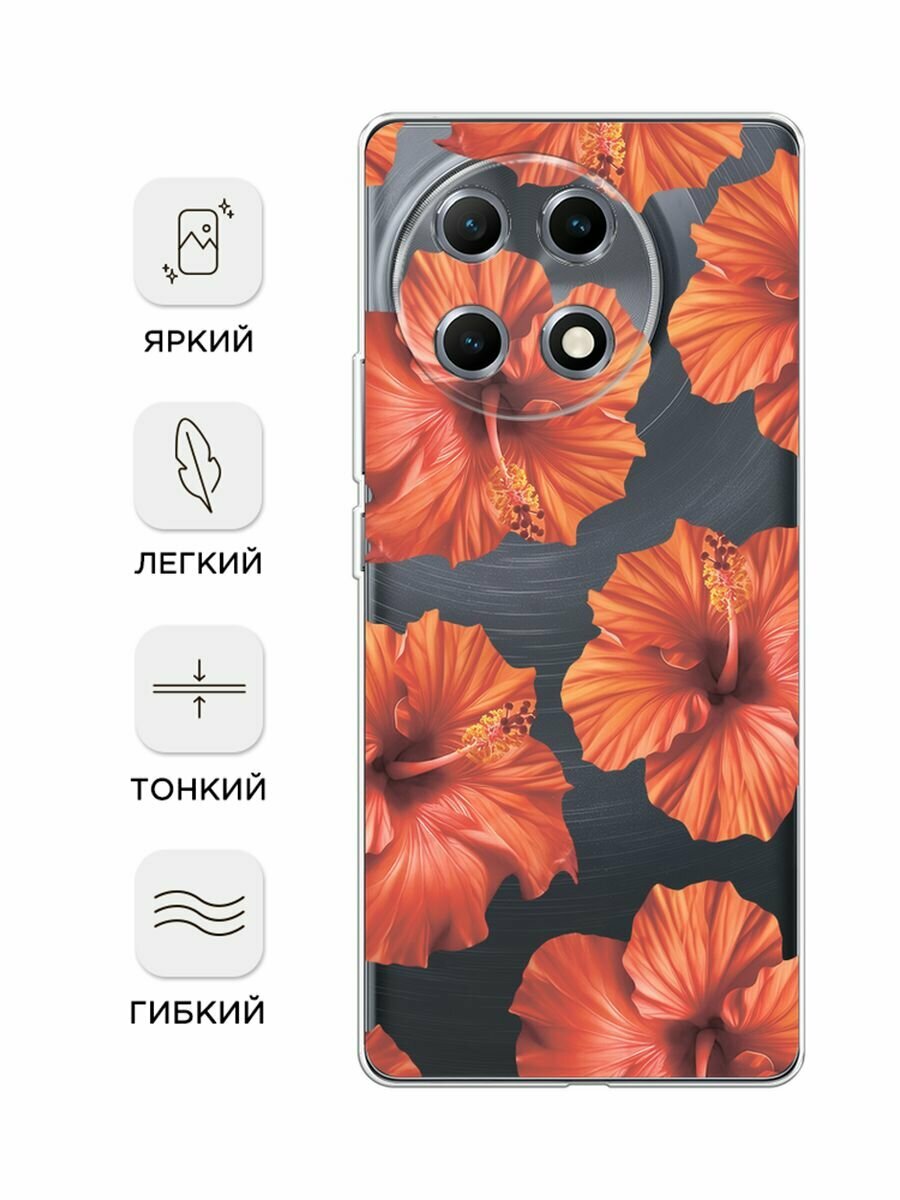 Чехол на Tecno Camon 30S / Текно Камон 30S с принтом "Рыжие гибискусы", прозрачный — фото 1