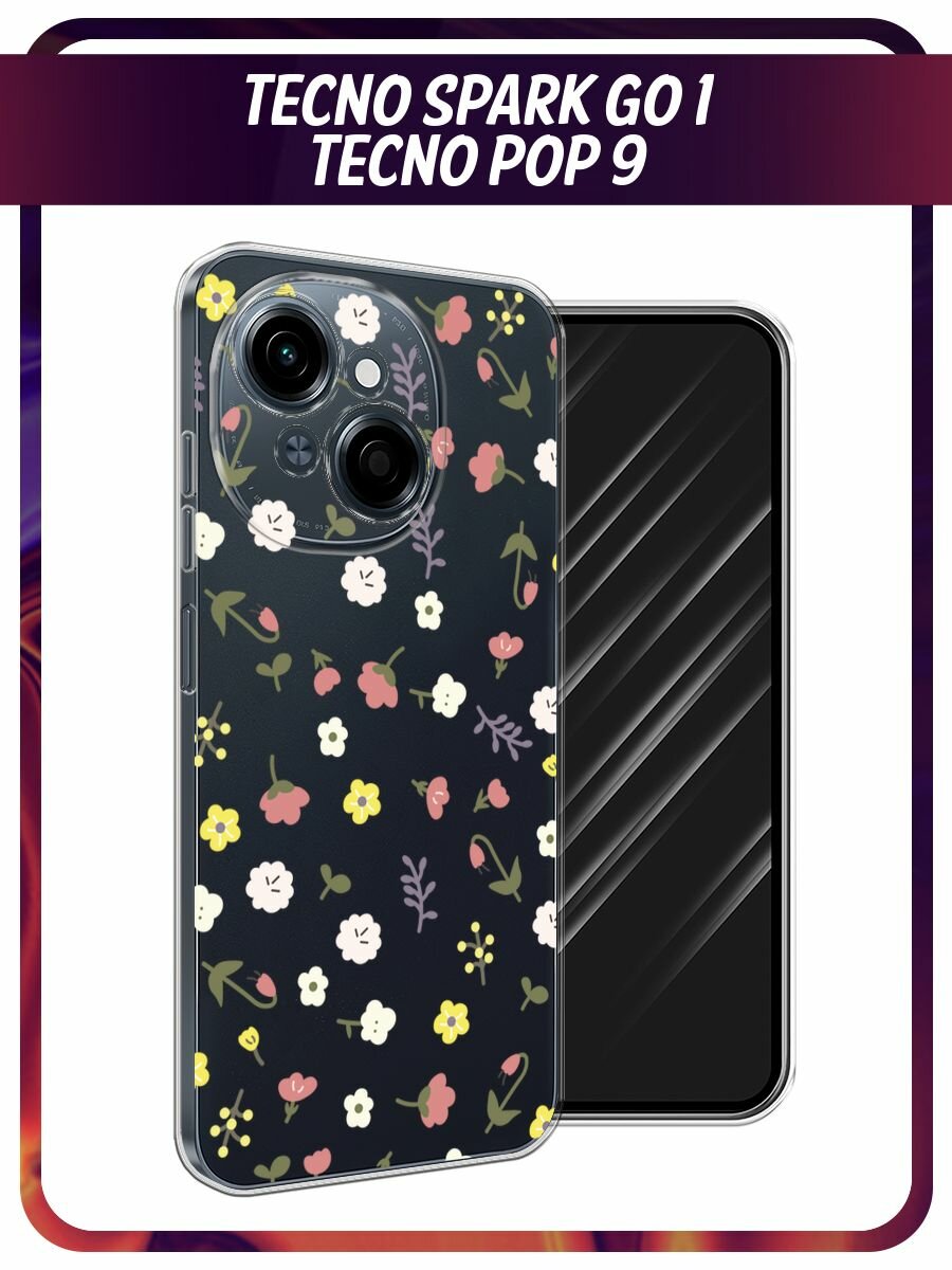 Чехол на Tecno Spark Go 1/Pop 9 / Текно Спарк Go 1/Поп 9 с принтом "Россыпь цветов рисунок", прозрачный