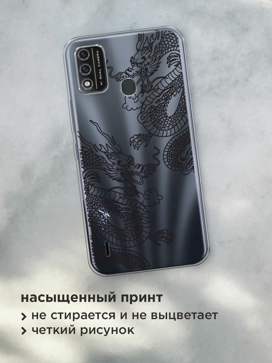 Чехол на Itel A48 / Ител А48 с принтом "Два китайских дракона", прозрачный — фото 1