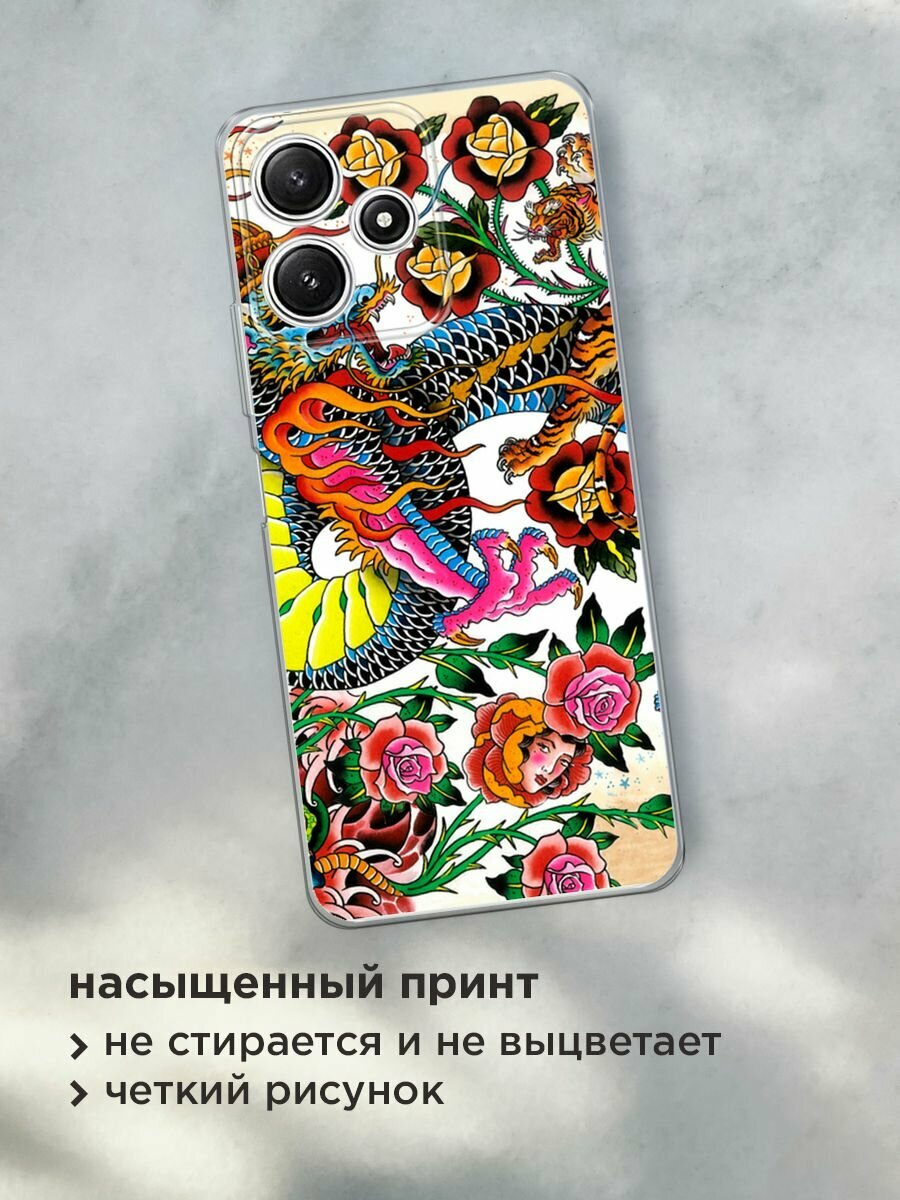 Чехол на Xiaomi Redmi 12 / Сяоми Редми 12 с принтом "Дракон в цветах" — фото 1