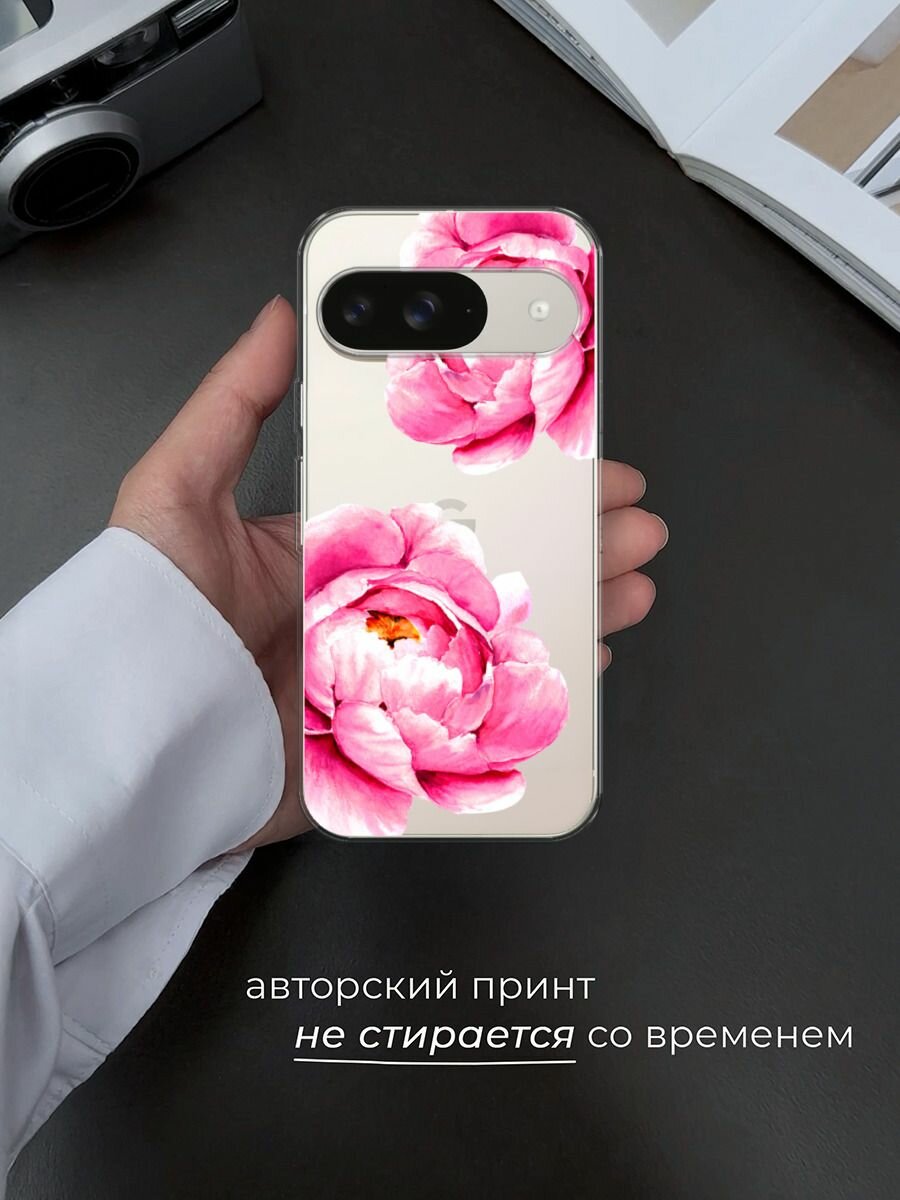 Чехол на Google Pixel 9 / Гугл Пиксель 9 с принтом "Open peonies", прозрачный — фото 1