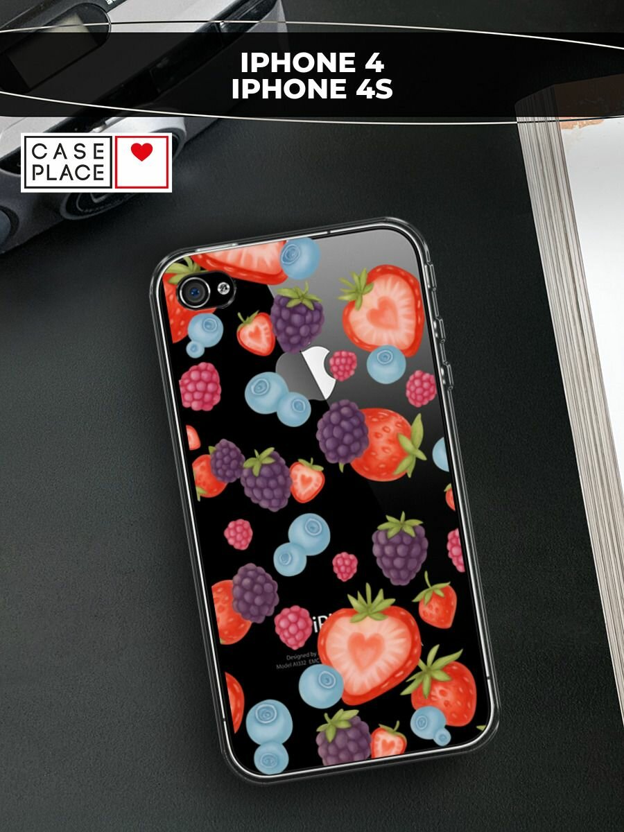 Чехол на Apple iPhone 4/4S / Айфон 4/4S с принтом "Ягоды", прозрачный