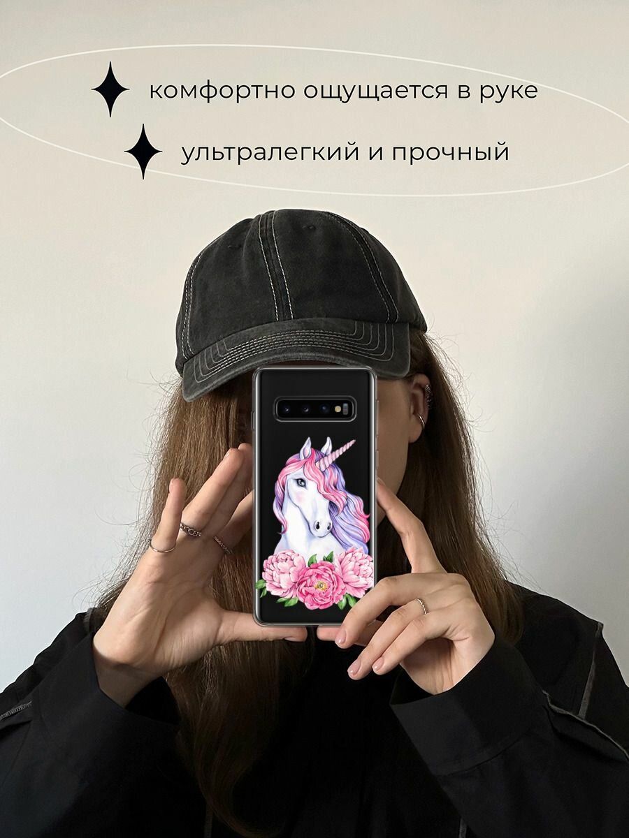 Чехол на Samsung Galaxy S10 / Самсунг Галакси S10 с принтом "Единорог с пионами", прозрачный — фото 1