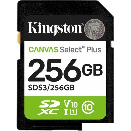 Карта памяти Kingston Canvas Select Plus SDS3, 256ГБ, Class 10, SDXC, UHS-I, черная