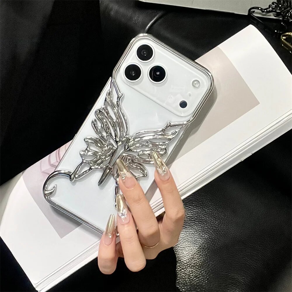 Чехол iPhone 16 Pro бабочка, Plating Silver