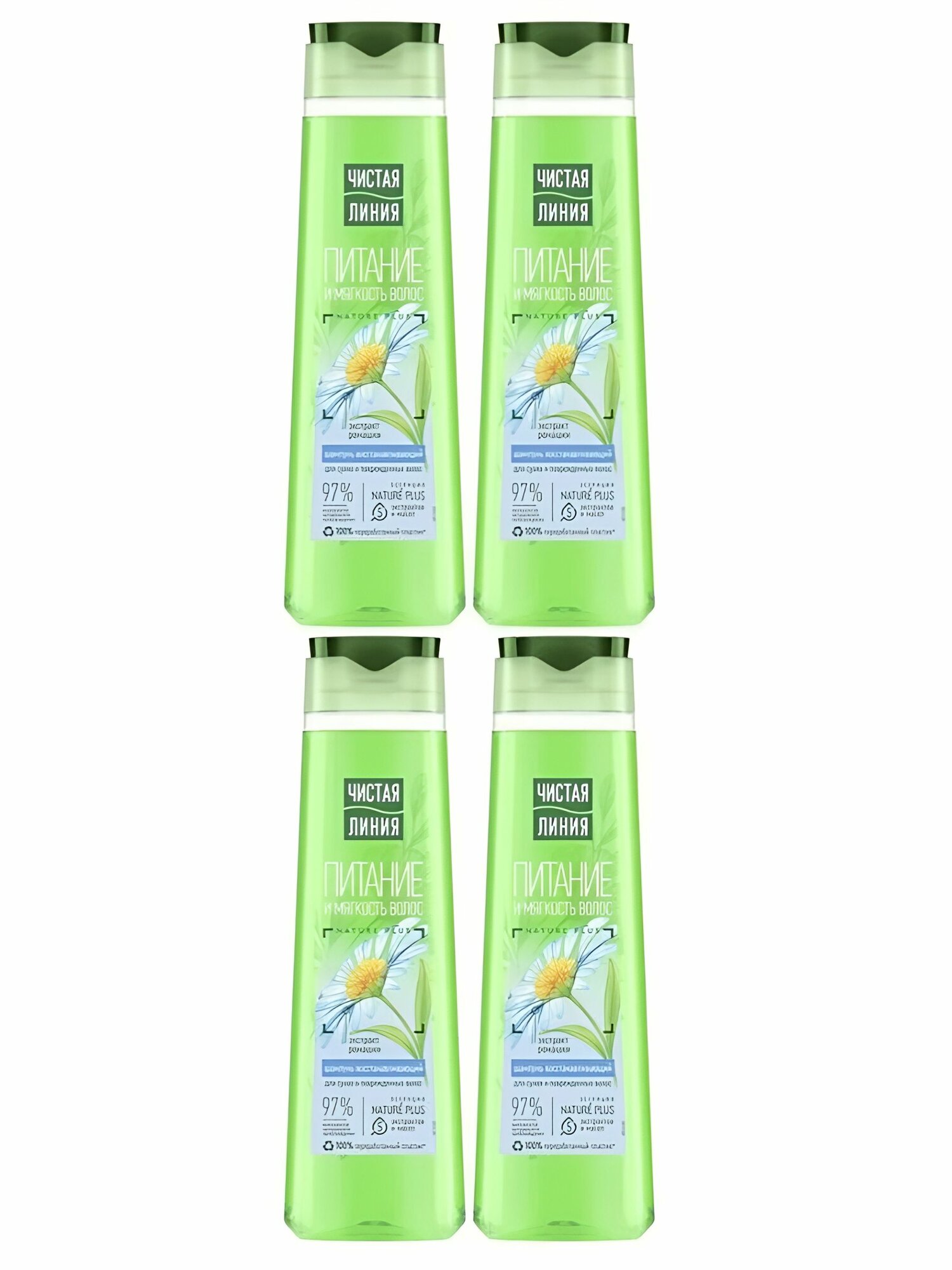 Шампунь Чистая Линия Сила и густота Восстанавливающий Ромашка и репейное масло для сухих и поврежденных волос, 400 мл, 4 шт