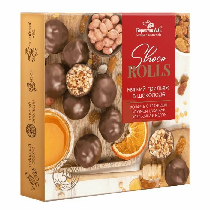 Shoco Rolls с арахисом, изюмом, цукатами апельсина и медом 135г. Galagancha, Берестов А. С