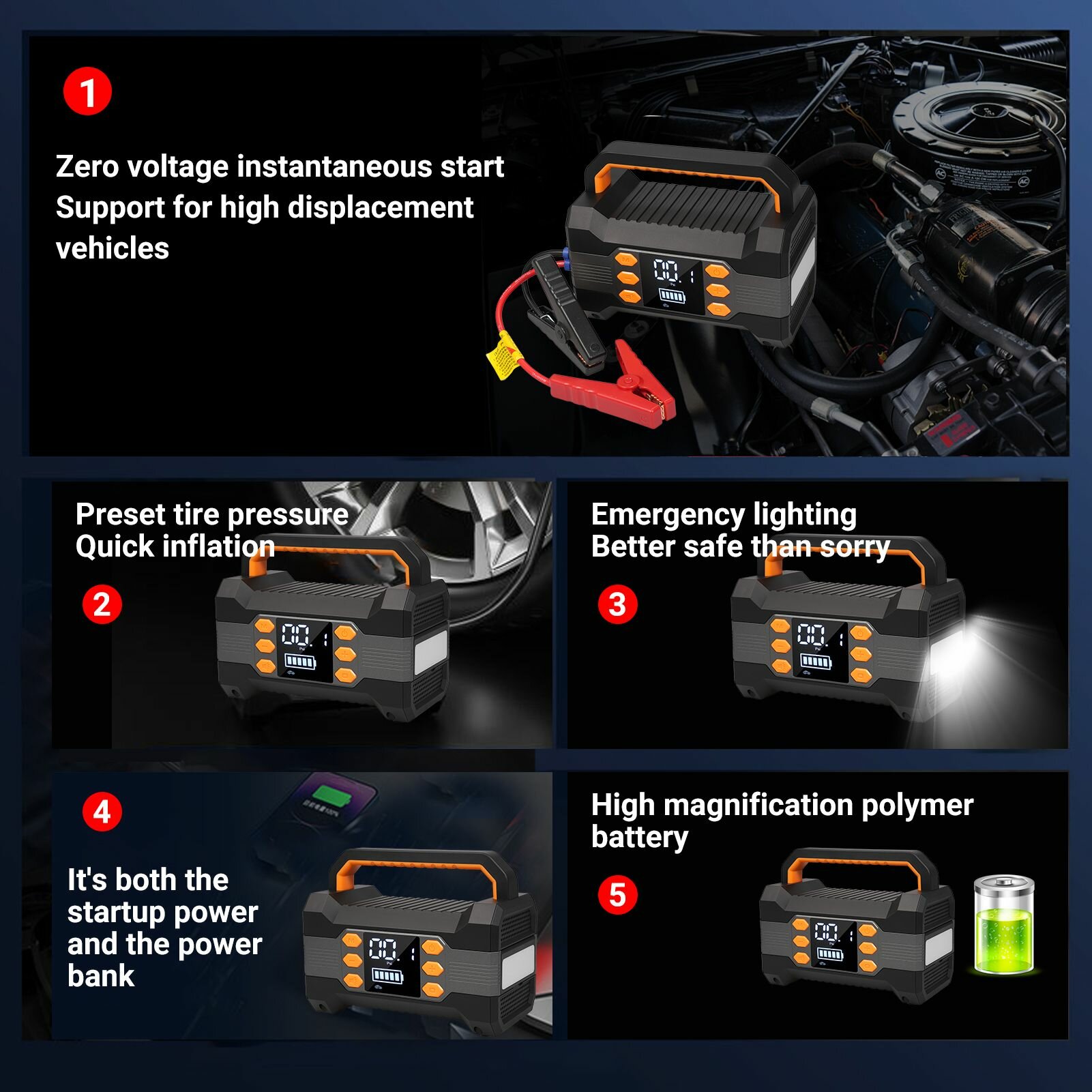 DN20 Автомобильный стартовый источник питания, 1000А пиковый ток, 20000mAh, многофункциональный для автомобилей, компрессор для шин