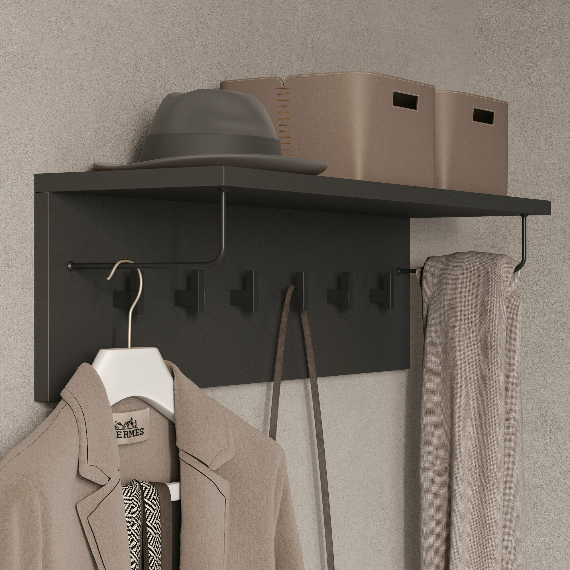 Вешалка настенная "Крафт Плюс 3", ЛДСП, с рейлами, черная/серая, 22 см х 22см х 75 см