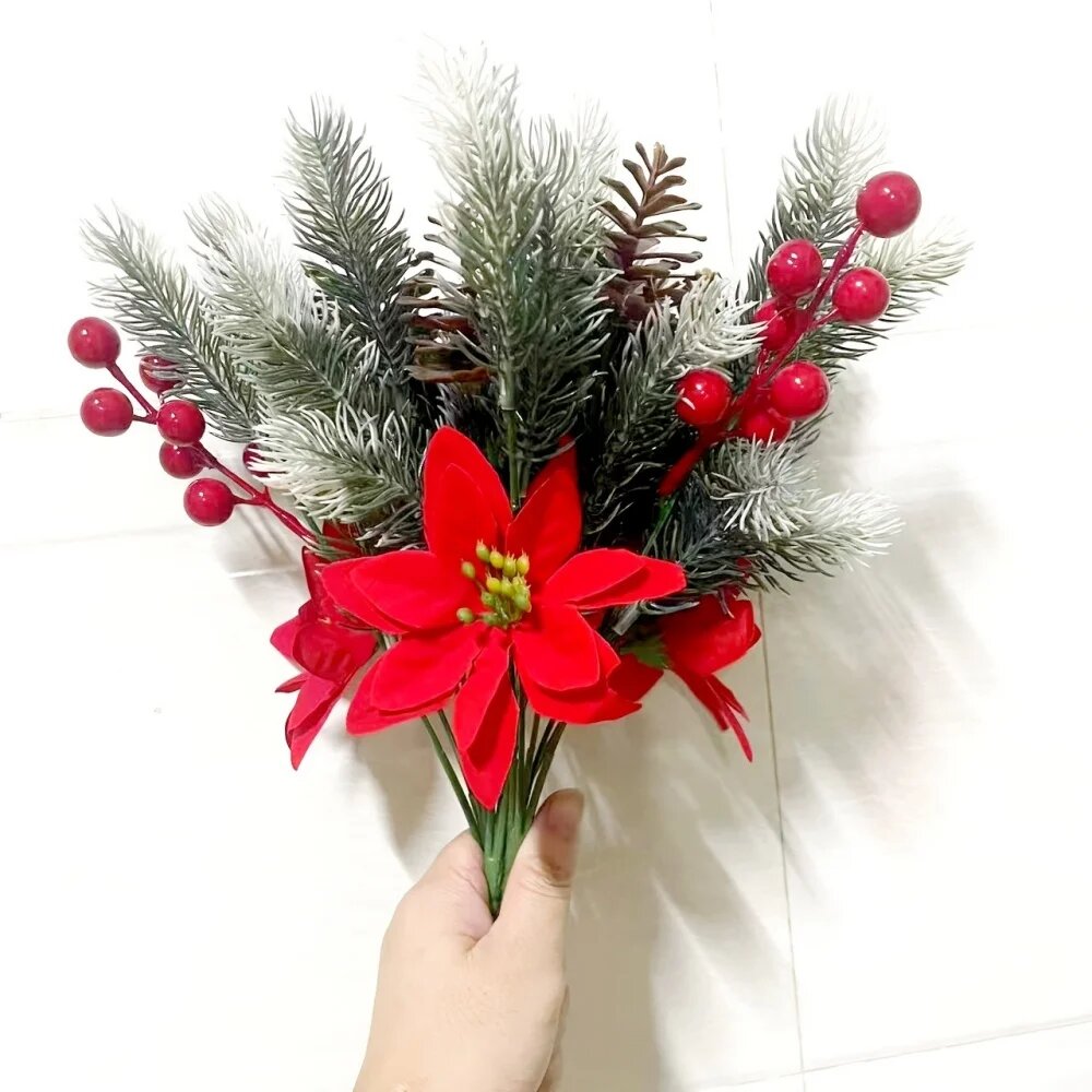Искусственные Рождественские цветы с ягодами, Красный, Style 1