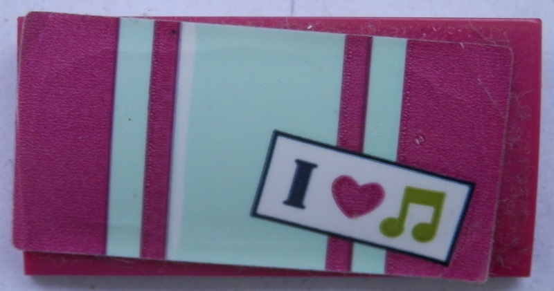 Slope, Curved 2 x 4 x 2/3 with Bottom Tubes with Light Aqua Stripes, 'I', Magenta Heart and Musical Note Pattern (Sticker) - Set 41316, 88930pb131 Magenta U