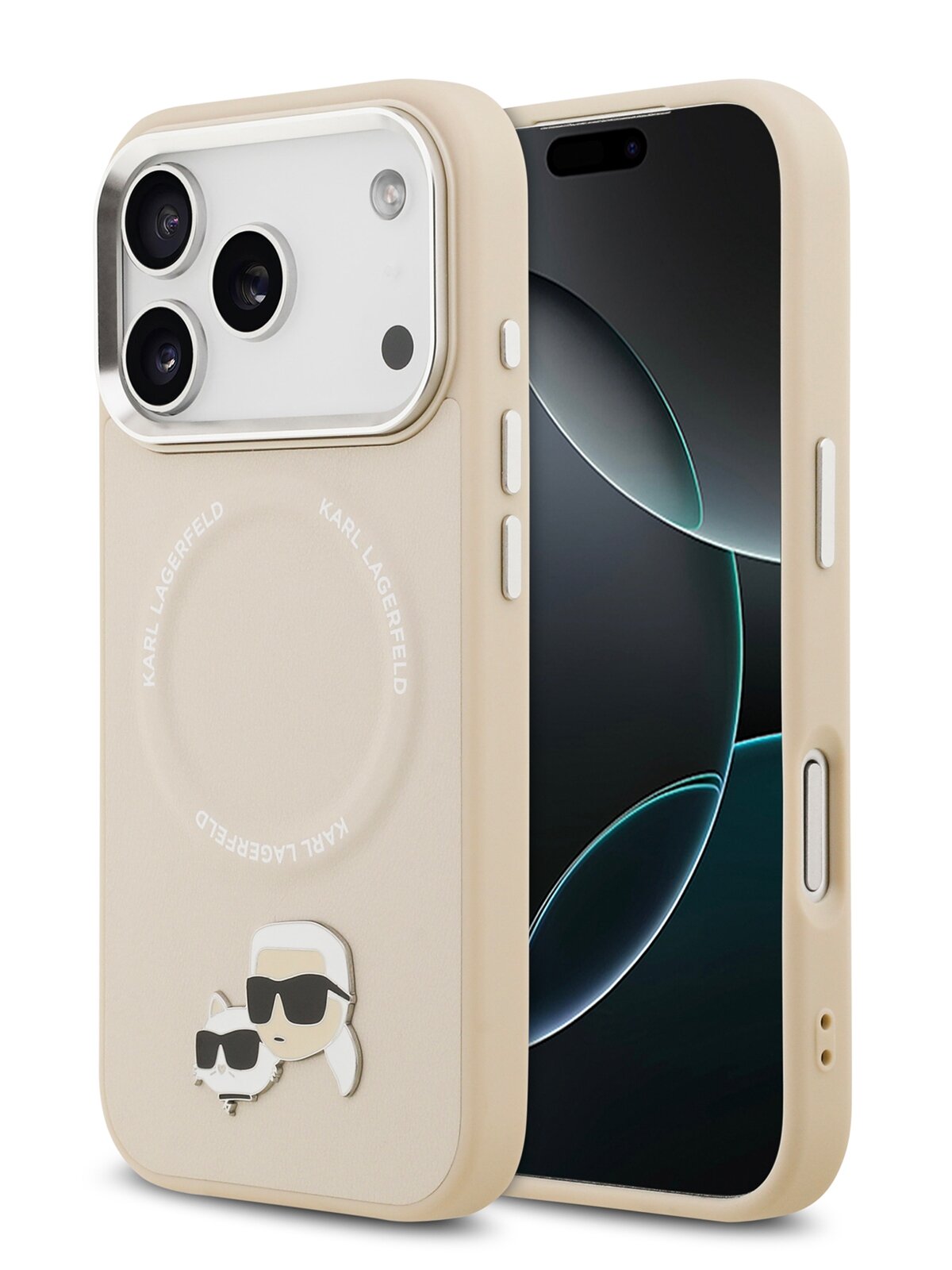 Karl Lagerfeld чехол с MagSafe для iPhone 17 Pro, PU кожа с метал. значком NFT Karl & Choupette heads, бежевый