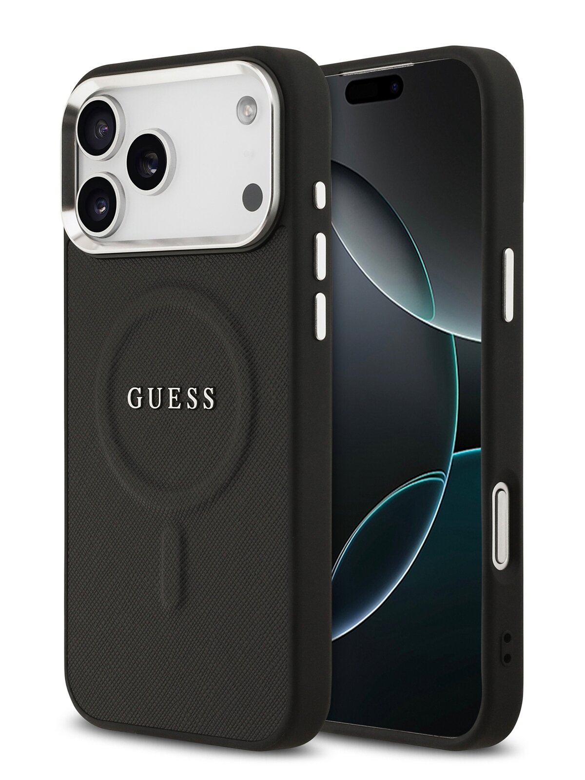 Guess чехол с MagSafe для iPhone 17 Pro, зернистая кожа PU Classic metal logo & Camera, черный