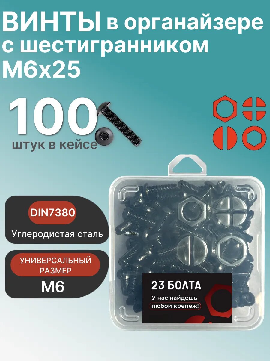 Винт чёрный 6х25 ISO 7380 к. п.10.9 в органайзере, 100 шт.