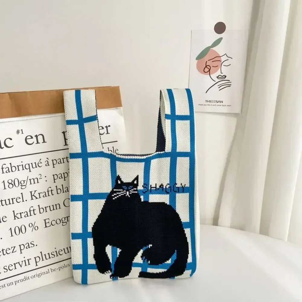 Кошачья вязаная сумка, модная вязаная сумка, ручной работы, сумки для покупок с большим узелом, девочки