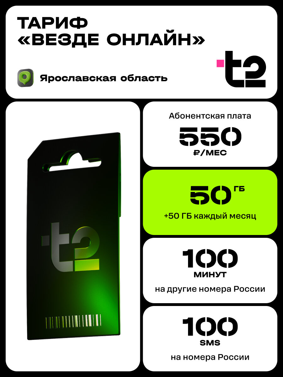 Сим-карта t2 для Ярославской области, Везде онлайн, баланс - 300 рублей