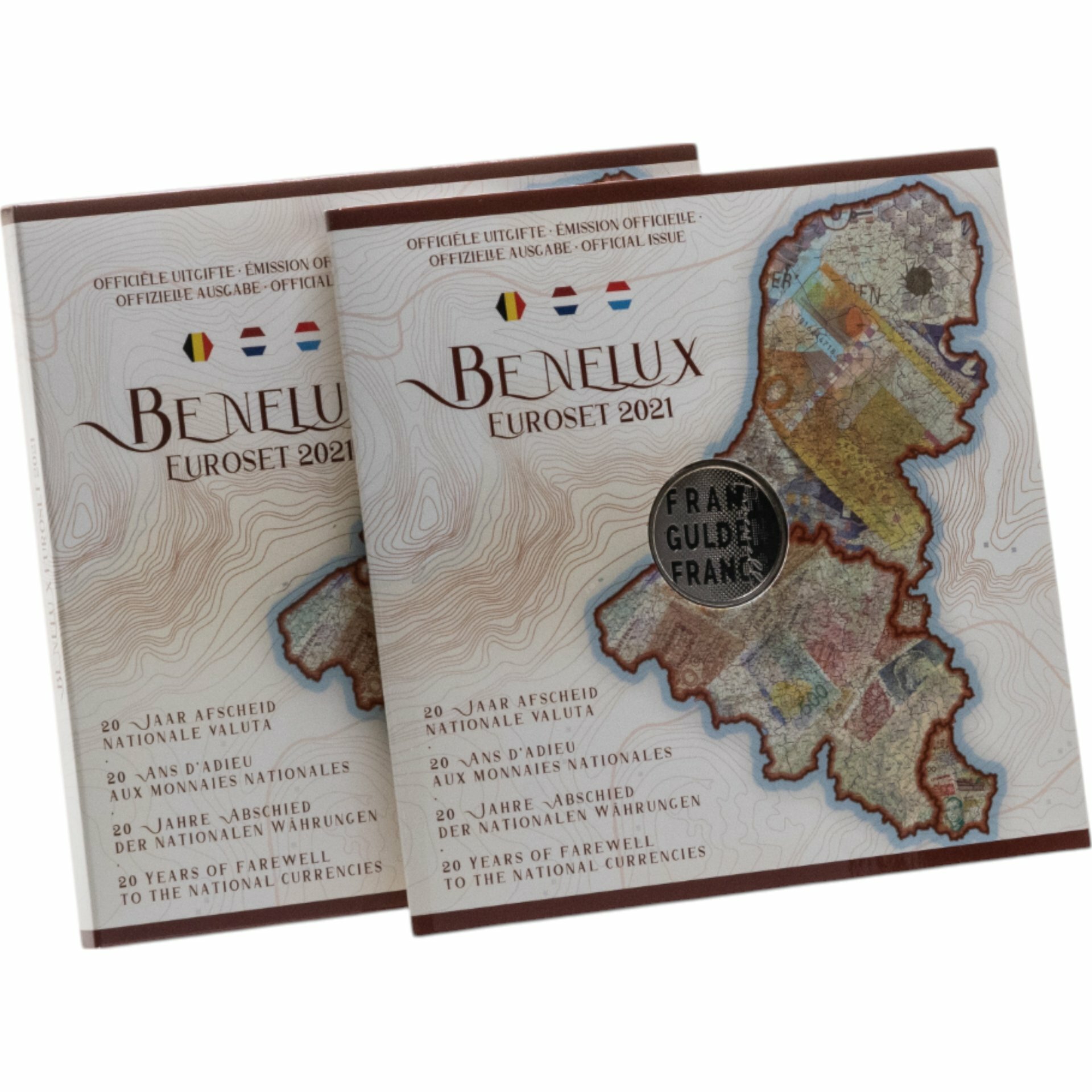 Бенилюкс Бельгия, Нидерланды, Люксембург 2021 официальный набор евро из 24-х монет и жетона "20 лет без национальных валют" в буклете, Биметалл