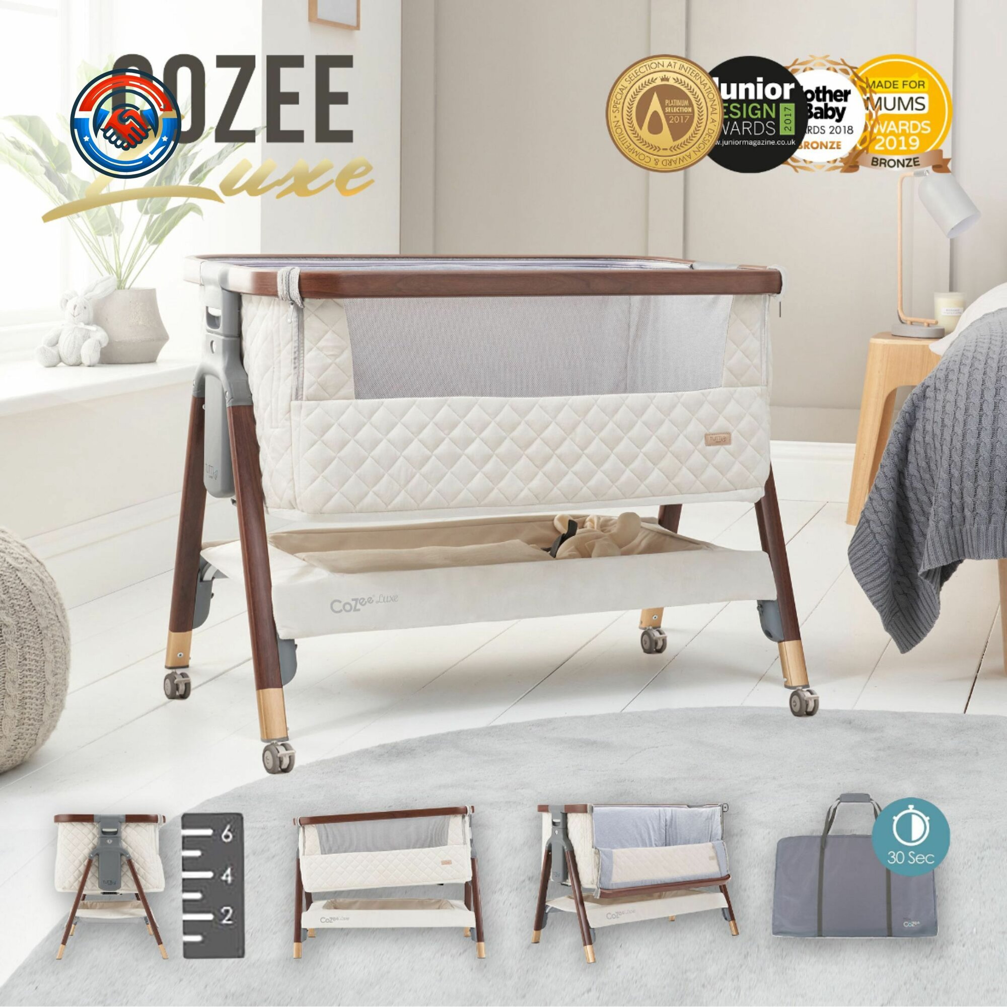 Колыбель Tutti Bambini CoZee Luxe, трансформируемая люлька с колесами для новорожденных и малышей темный орех и кремовый, комфортный и безопасный сон