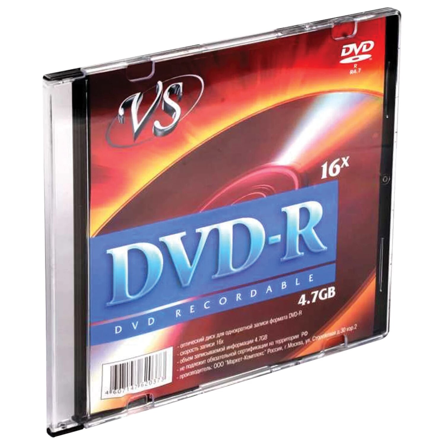 Диск DVD-R VS, 4,7 Gb, 16x, Slim Case (1 штука), VSDVDRSL01, 5шт.