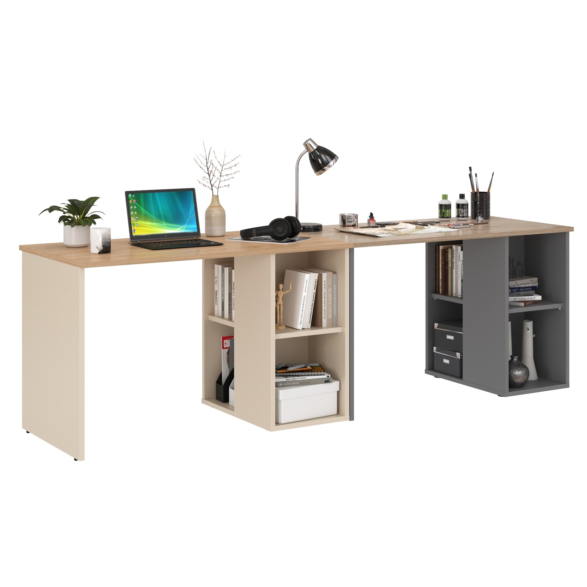 Два письменных стола Лайт 12.163, сатин/гикори рокфорд натуральный/серый шифер/дуб белый, 240х65х75 см, ун. сб.