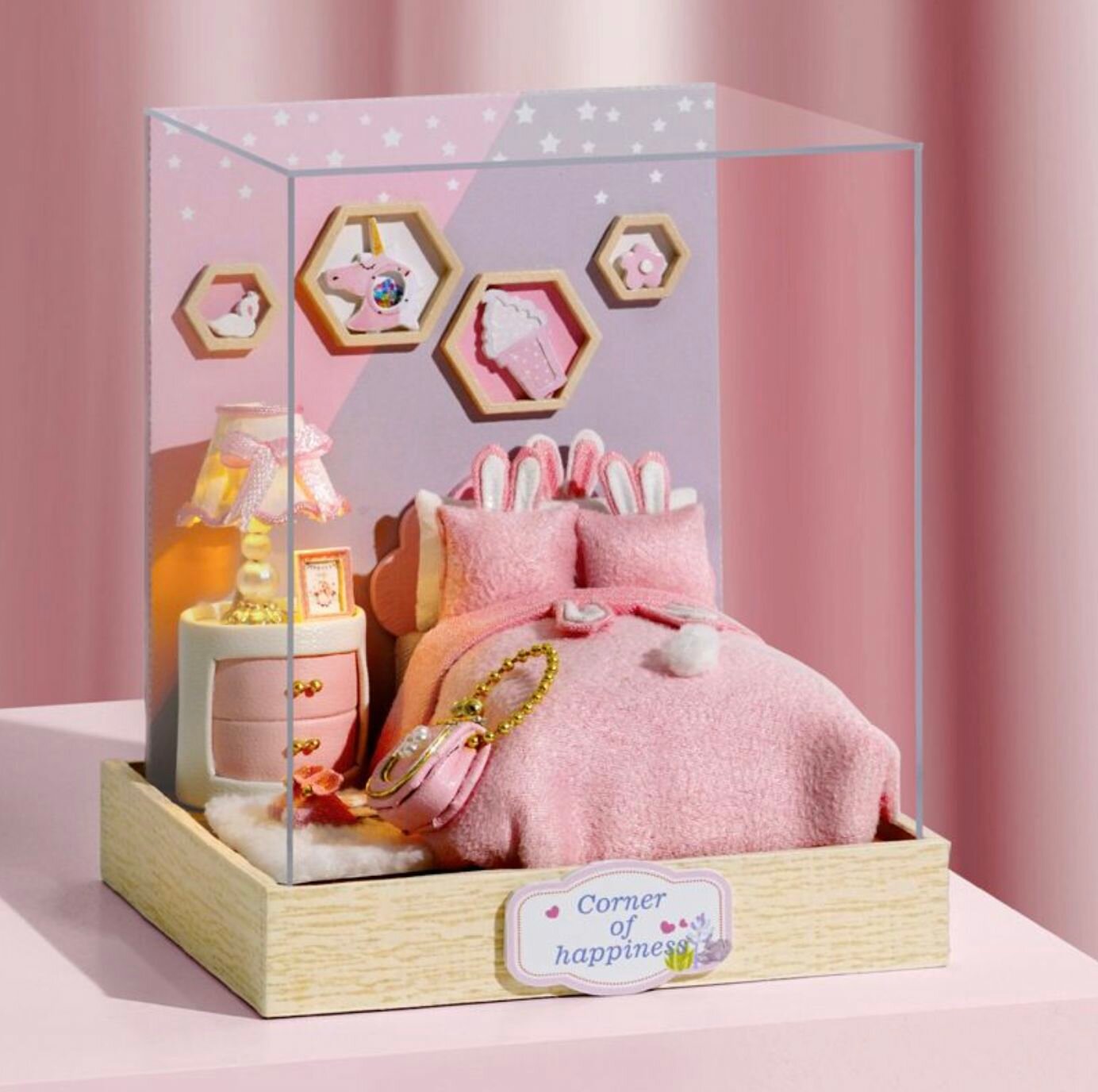 Румбокс - розовая спальня - комната своими руками с освещением. Набор для создания дизайна интерьера roombox