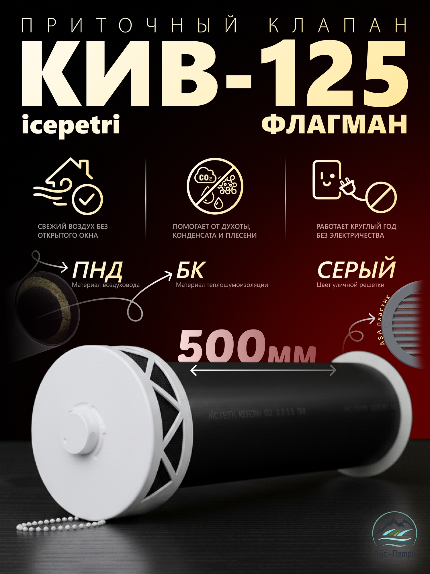 Приточный клапан КИВ-125 флагман 500 ПНД БК серый