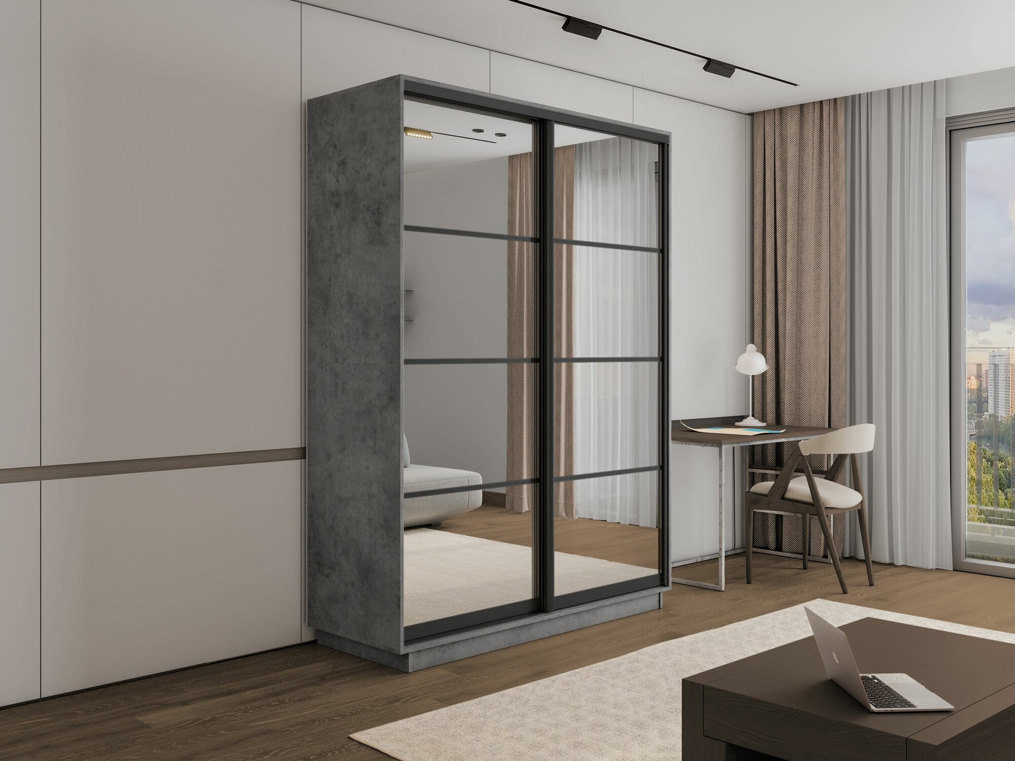 Шкаф-купе Вилли С4 2-х дверный, зеркальные двери, (черный профиль) 160х60х220 см. Бетон