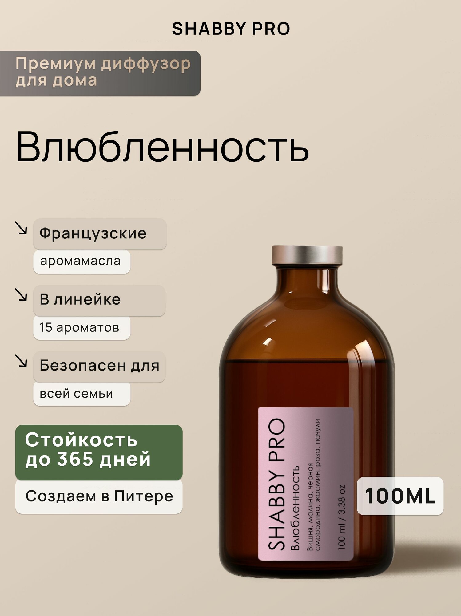 Ароматический диффузор для дома SHABBY PRO Влюблённость - сладкий фруктово-цветочный стойкий аромат для дома, подарок девушке, 100 мл