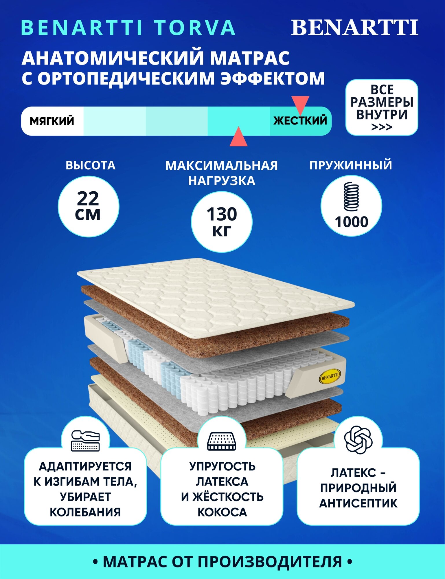 Матрас Benartti Torva 115х170 серии Lux высота 22 см анатомический жесткий кокосовый латексный Независимые пружины